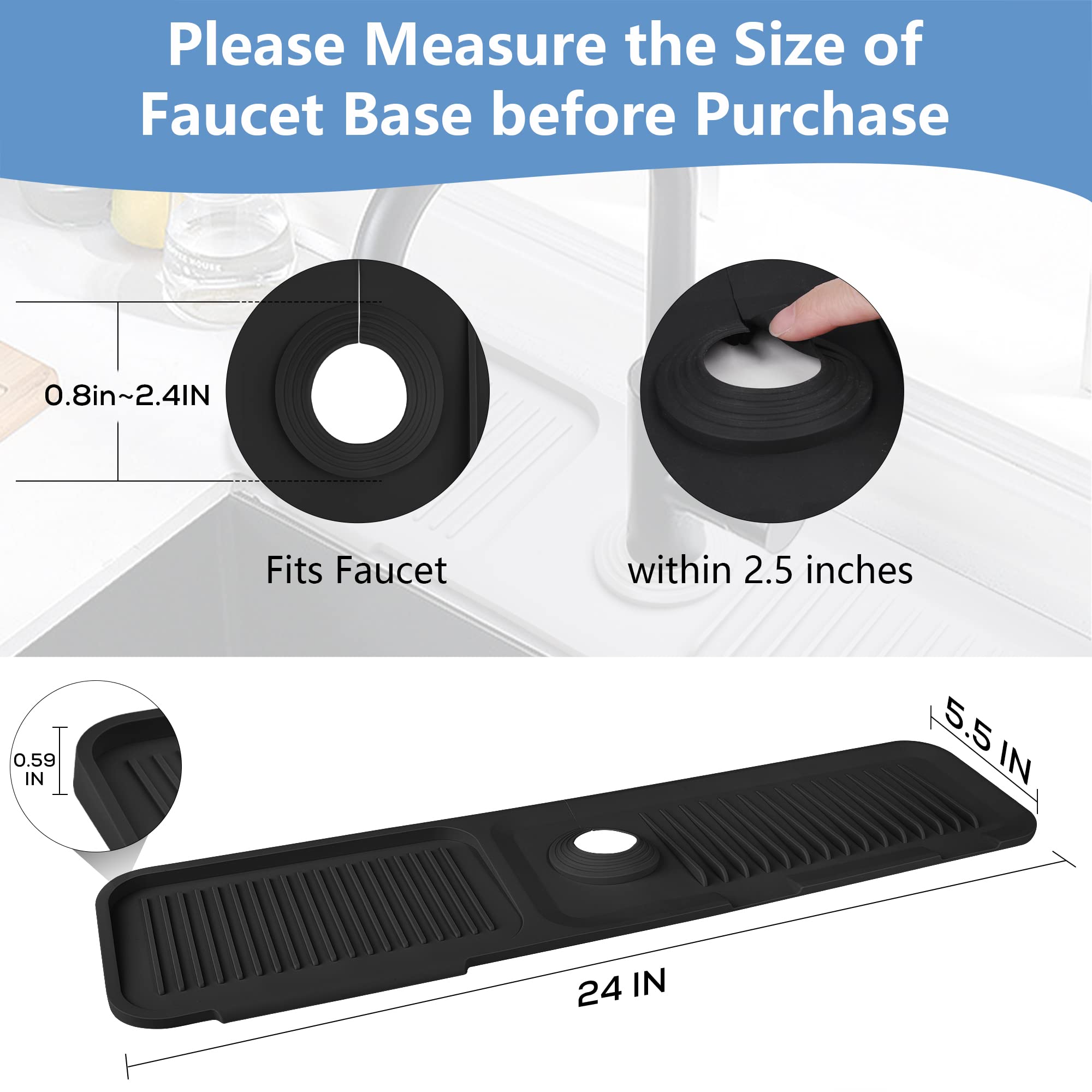 Burfocus Kitchen Sink Splash Guard, Silicone Faucet Handle Drip Catcher Tray Silicone Faucet Mat Kitchen Sponge Holder for Kitchen Sink Accessories Sink Protectors for Kitchen Sink （Black24" x 5.5"）