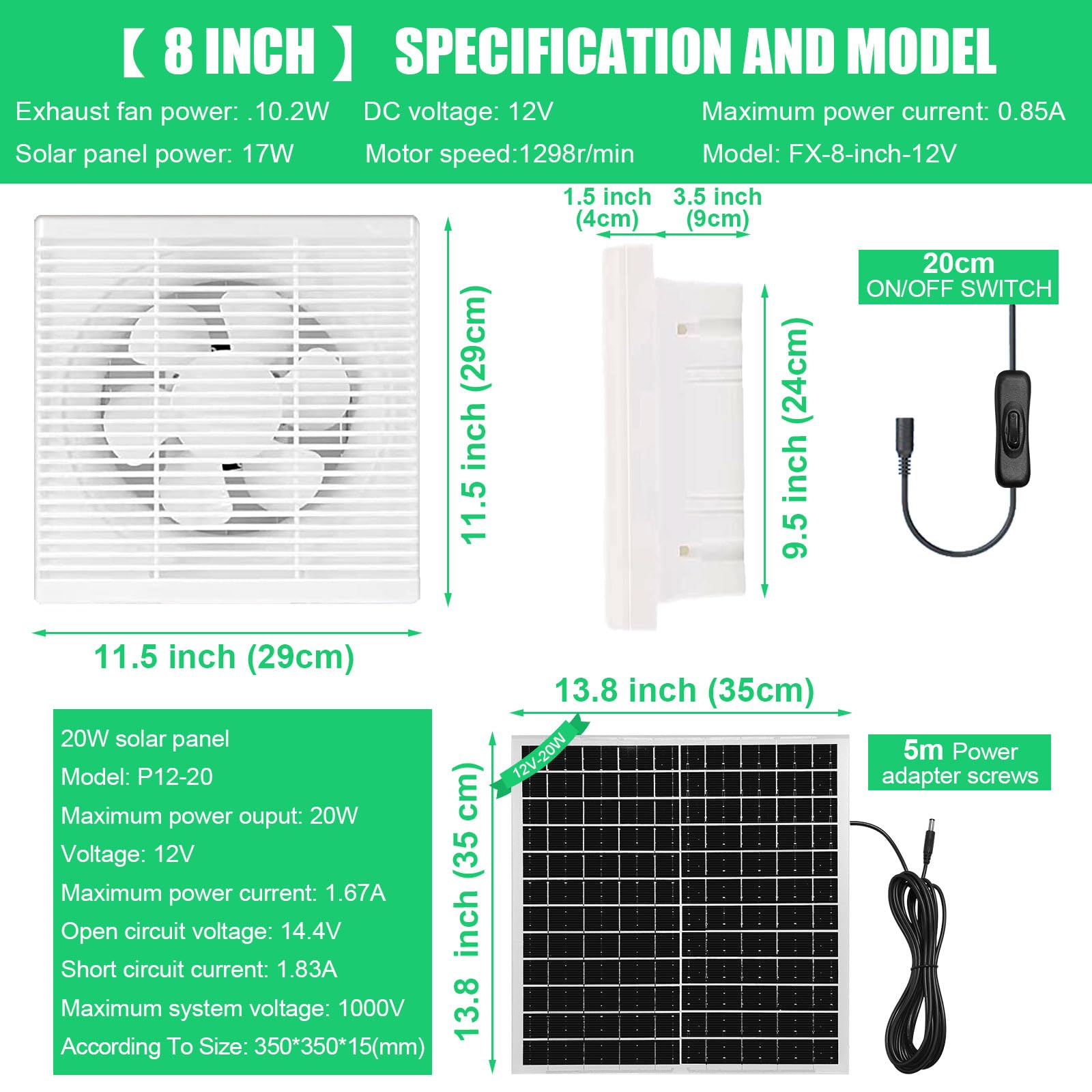 HNRLOY Solar Powered Exhaust Fan, 20W Solar Panel with with 8 Inch High Speed Solar Exhaust Fan for Greenhouse,Chicken Coop, Shed Ventilation, Barn,Dog Houses,Attic,Pet Houses,Outside&Home