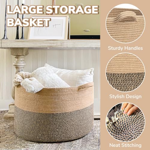 TIMEYARD Blanket Basket, Large Baskets for Storage, Toy Baskets Storage Kids, 21.7'' x 13.8'' Cotton Rope Basket for Living Room, Wicker Baskets for Organizing, 90L, Black & Jute