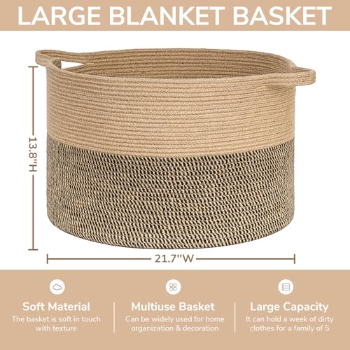 TIMEYARD Blanket Basket, Large Baskets for Storage, Toy Baskets Storage Kids, 21.7'' x 13.8'' Cotton Rope Basket for Living Room, Wicker Baskets for Organizing, 90L, Black & Jute