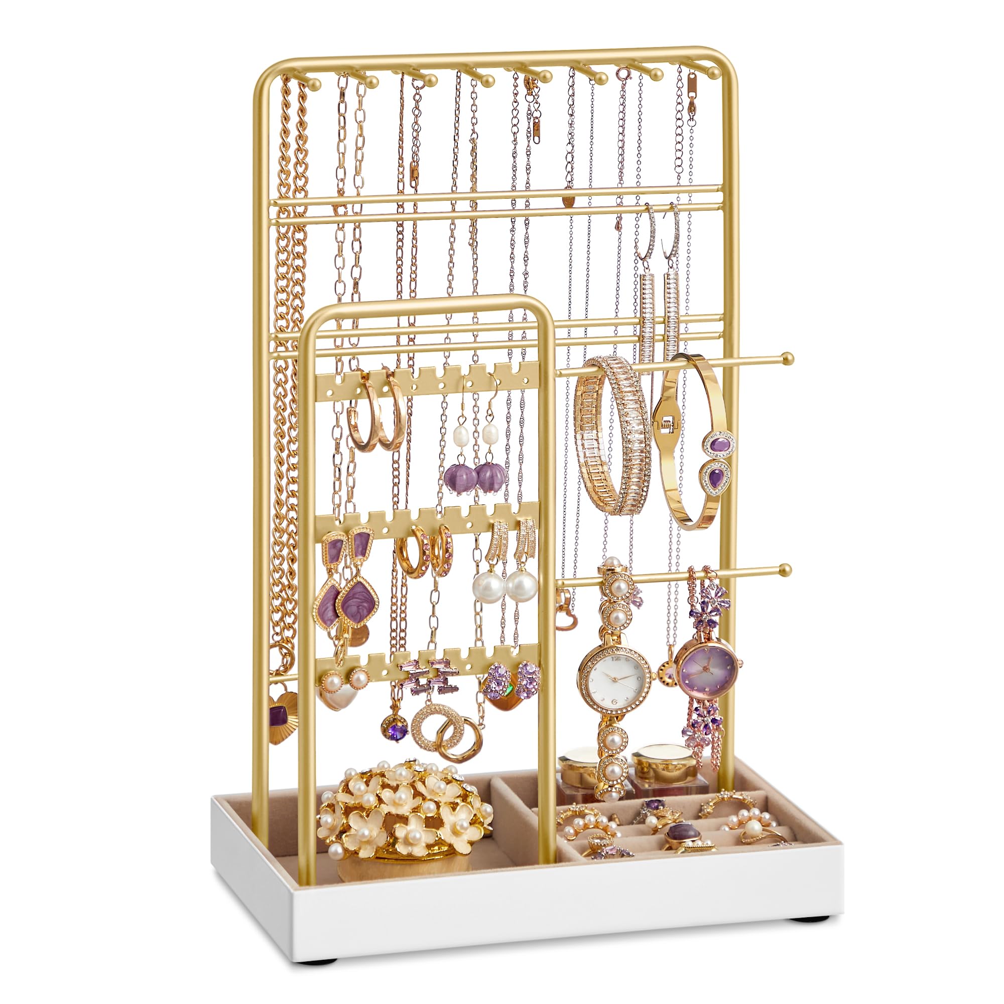 SONGMICS Jewelry Holder, Jewelry Organizer, Mother's Day Gifts, Jewelry Display Stand with Metal Frame and Velvet Tray, Necklace Earring Bracelet Holder, for Studs, Rings, Gold Color UJJS021A01