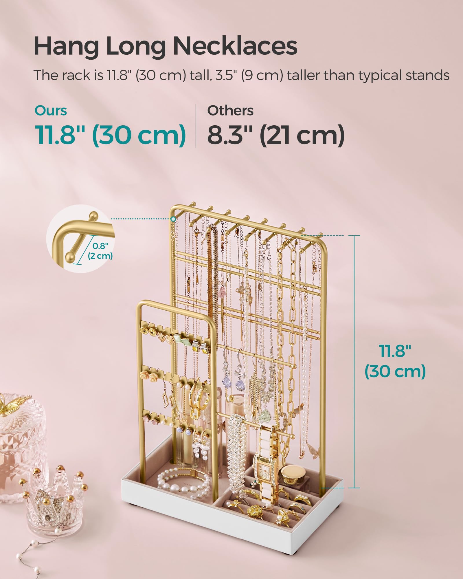 SONGMICS Jewelry Holder, Jewelry Organizer, Mother's Day Gifts, Jewelry Display Stand with Metal Frame and Velvet Tray, Necklace Earring Bracelet Holder, for Studs, Rings, Gold Color UJJS021A01