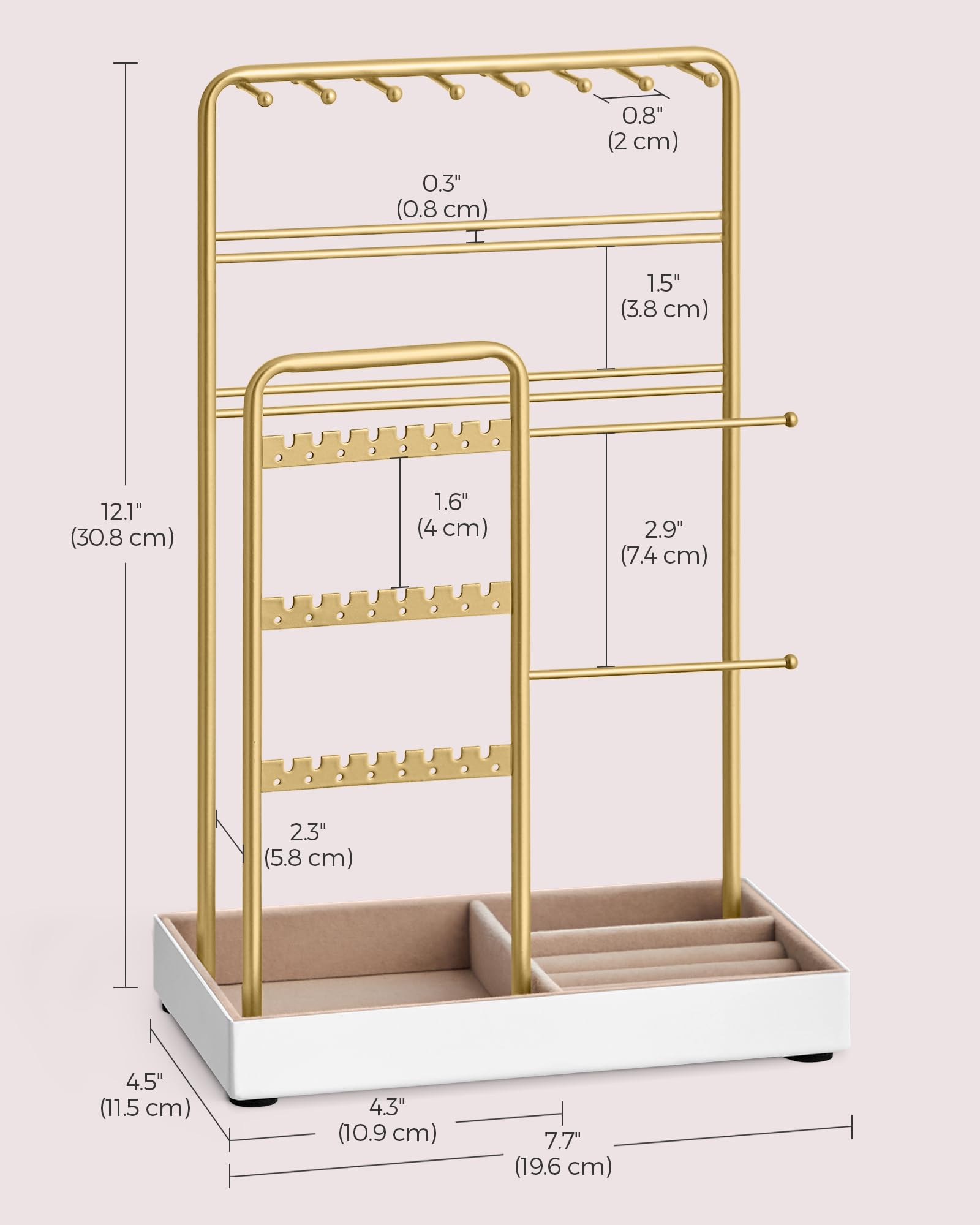 SONGMICS Jewelry Holder, Jewelry Organizer, Mother's Day Gifts, Jewelry Display Stand with Metal Frame and Velvet Tray, Necklace Earring Bracelet Holder, for Studs, Rings, Gold Color UJJS021A01