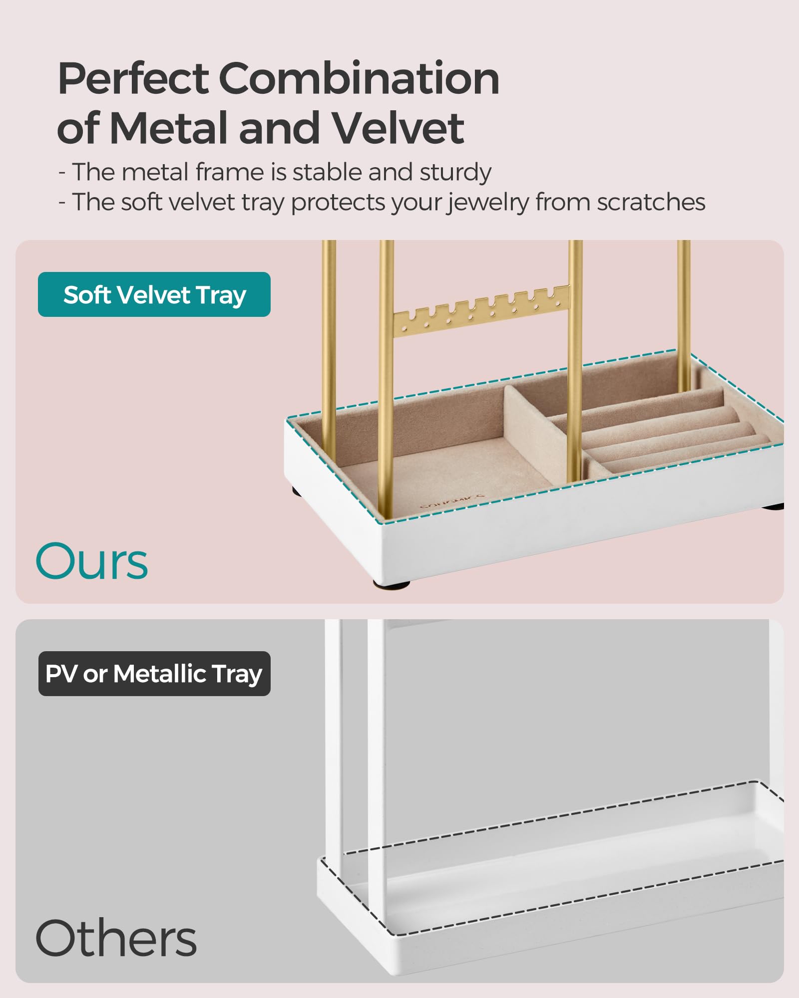 SONGMICS Jewelry Holder, Jewelry Organizer, Mother's Day Gifts, Jewelry Display Stand with Metal Frame and Velvet Tray, Necklace Earring Bracelet Holder, for Studs, Rings, Gold Color UJJS021A01