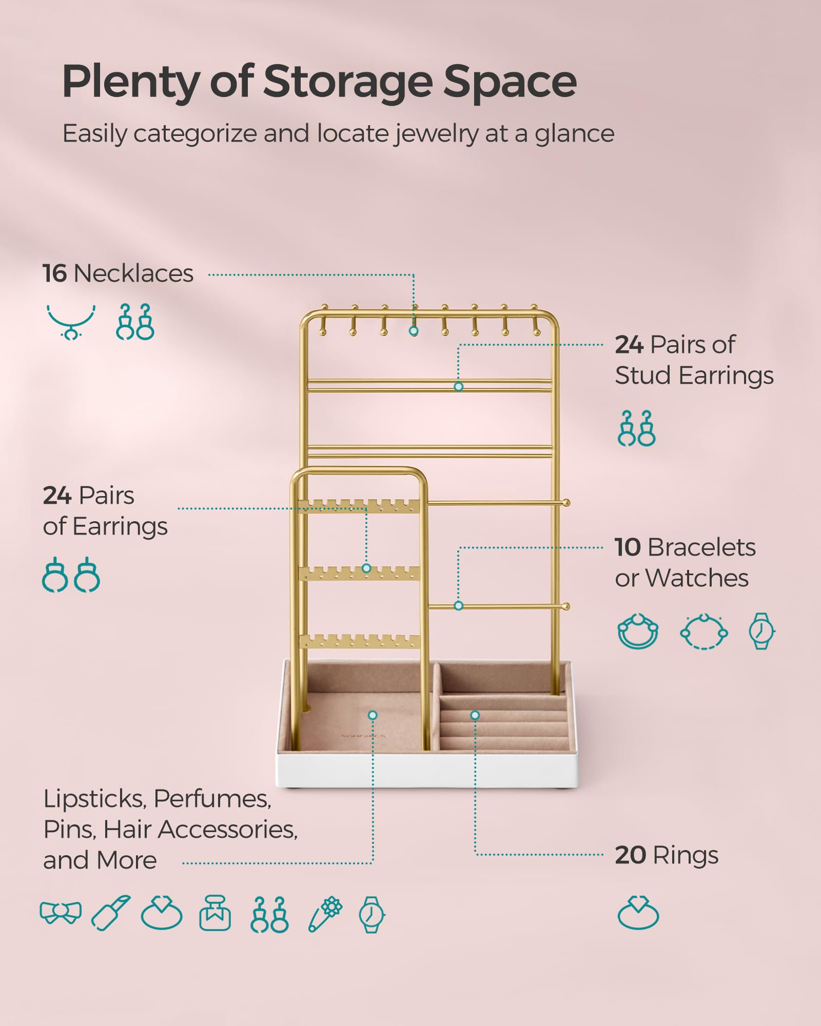 SONGMICS Jewelry Holder, Jewelry Organizer, Mother's Day Gifts, Jewelry Display Stand with Metal Frame and Velvet Tray, Necklace Earring Bracelet Holder, for Studs, Rings, Gold Color UJJS021A01