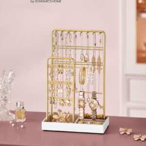 SONGMICS Jewelry Holder, Jewelry Organizer, Mother's Day Gifts, Jewelry Display Stand with Metal Frame and Velvet Tray, Necklace Earring Bracelet Holder, for Studs, Rings, Gold Color UJJS021A01