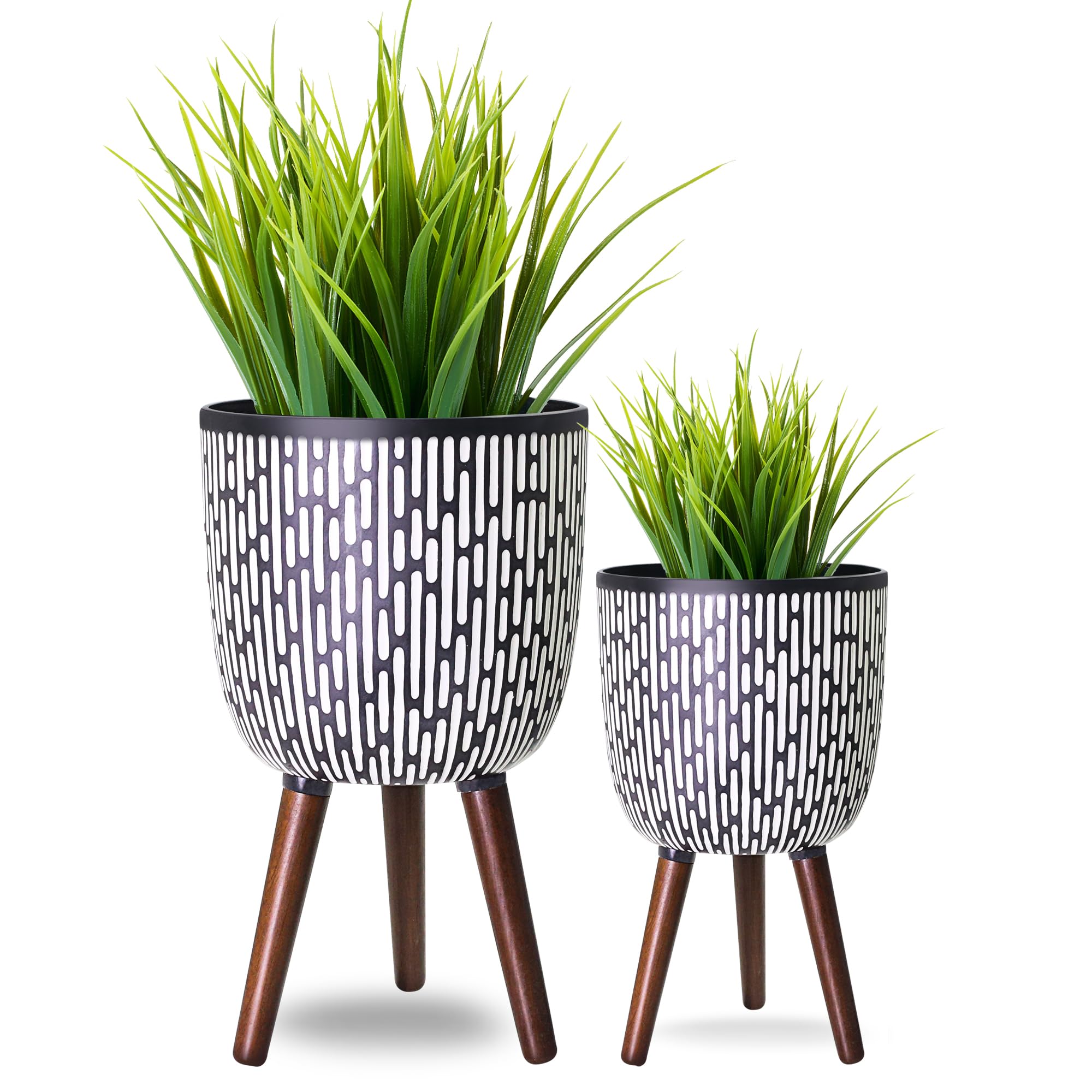 Opnons Plant Pot with Stand 2pcs 10 & 12 inches, Mid-Century Tall Planter with Legs for Indoor Plants, Boho Purple Print Standing Plant Pot with Drainage Plug for Monstera, Herb, Succulent Flower Pot