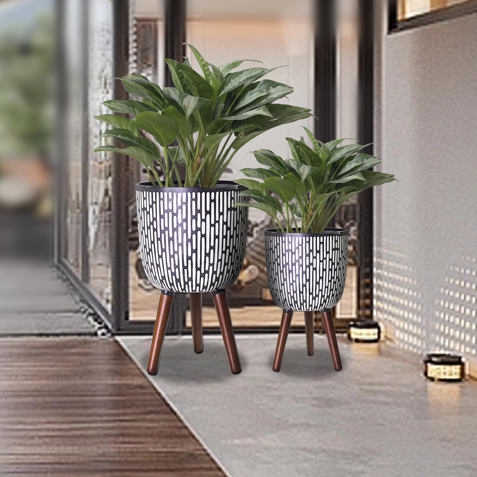 Opnons Plant Pot with Stand 2pcs 10 & 12 inches, Mid-Century Tall Planter with Legs for Indoor Plants, Boho Purple Print Standing Plant Pot with Drainage Plug for Monstera, Herb, Succulent Flower Pot