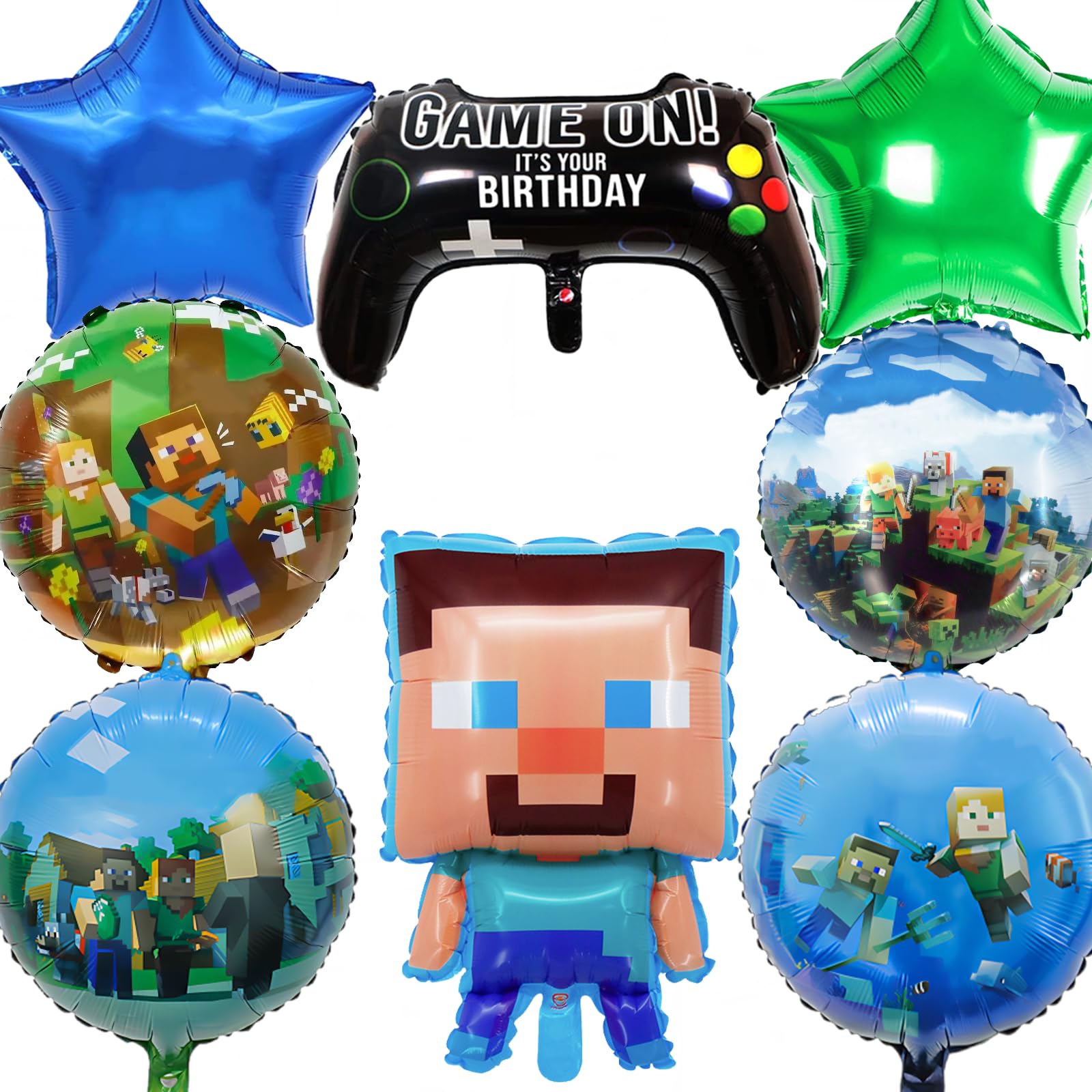 8 PCS Pixel Theme Foil Balloons, Large Pixel Miner Birthday Party Balloons Decorations Video Game Style Balloons Star Shape Foil Balloons for Kids Boys and Girls