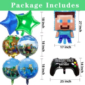 8 PCS Pixel Theme Foil Balloons, Large Pixel Miner Birthday Party Balloons Decorations Video Game Style Balloons Star Shape Foil Balloons for Kids Boys and Girls