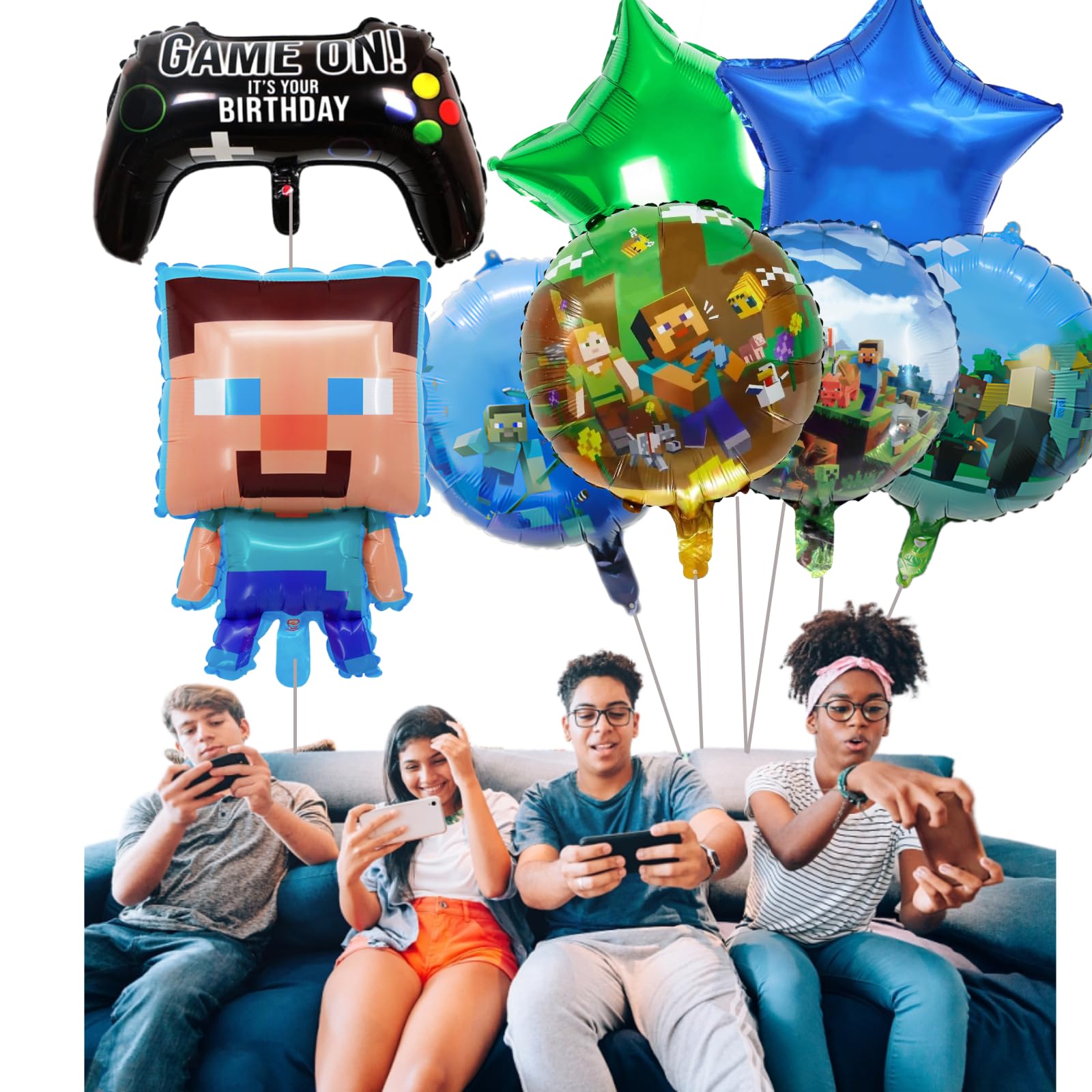 8 PCS Pixel Theme Foil Balloons, Large Pixel Miner Birthday Party Balloons Decorations Video Game Style Balloons Star Shape Foil Balloons for Kids Boys and Girls