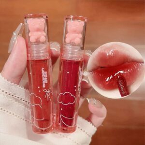 New Irven 2Pcs Bear Lip Glaze Jelly Lipstick,Liquid Lipstick Cute Bear Lipgloss Moisturizing Lip Stain Plumping Water Lip Gloss Waterproof Long Lasting Cheek Rouge Tint Cosmetics Bear Beauty Makeup