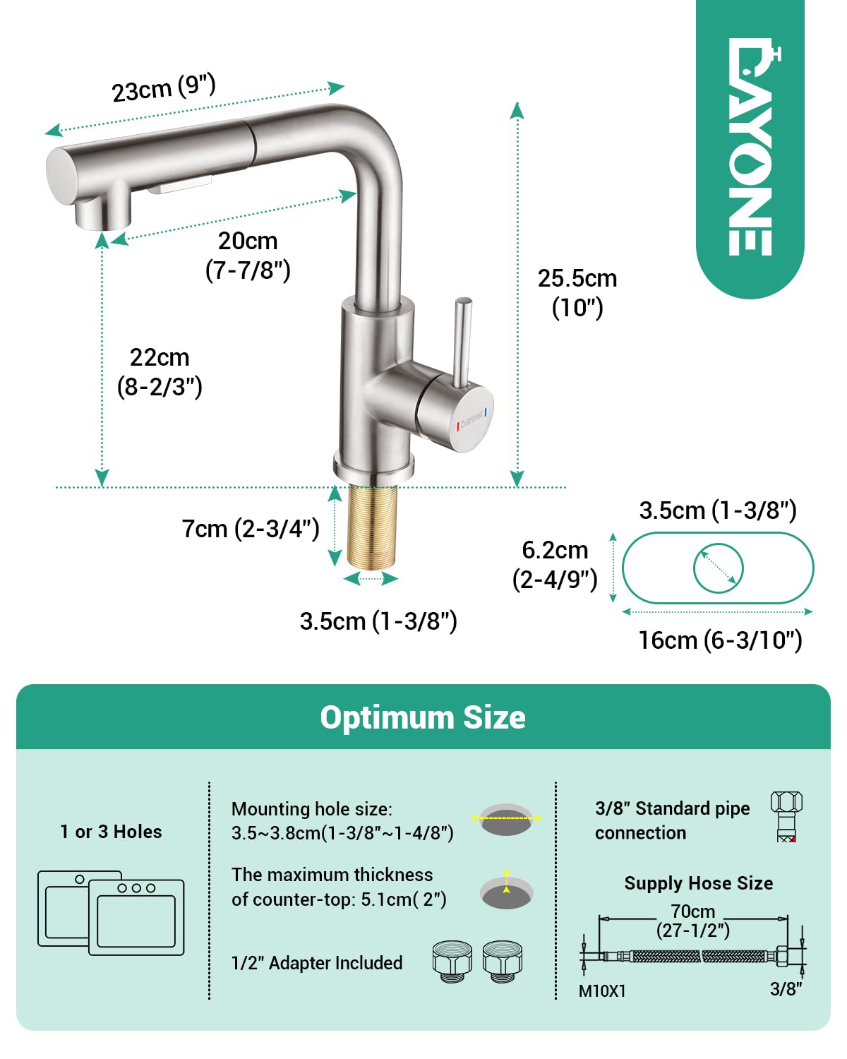 Bar Sink Faucet Brushed Nickel with Pull Out Sprayer, DAYONE Modern Stainless Steel Kitchen Faucets, Utility Single Hole/Handle Mini Bar Faucet Tap for RV