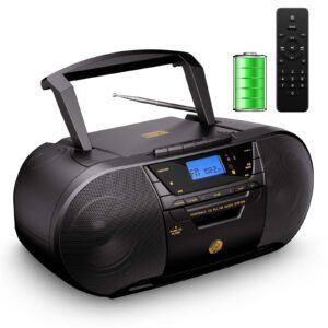 boom box cd and cassette tape player, hernpark rechargeable cd tape player with remote control, bluetooth, fm radio, sleep mode, stereo sound, eq mode, usb drive, aux/headphones jack (black)