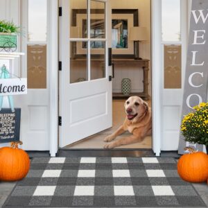 foneyi buffalo plaid outdoor rug, 20"x32" checkered front door mat, non slip absorbent entryway rug doormat indoor, washable outdoor rugs for layered door mats front porch/farmhouse grey and white