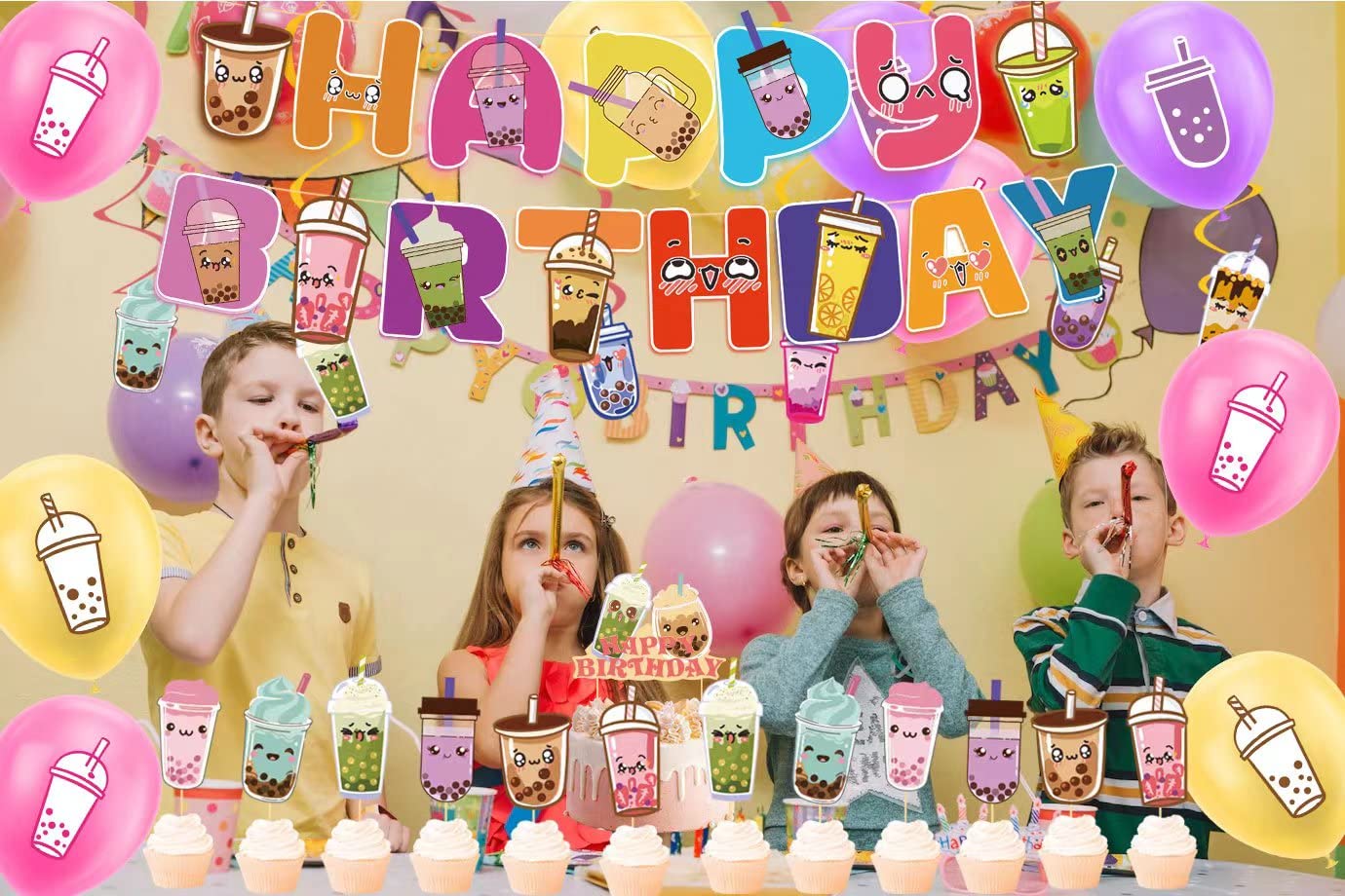 Bubble Tea Party Decorations Boba Tea Birthday Party Supplies Includes Boba Tea Birthday Banner, Spirlas, Cake Topper, Cupcake Toppers, Balloons for Boba Tea Party Decorations Party Favors