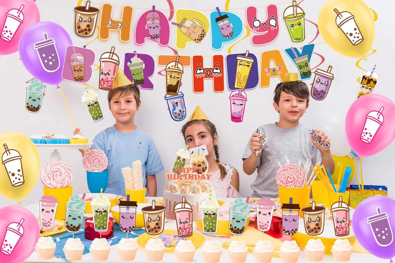 Bubble Tea Party Decorations Boba Tea Birthday Party Supplies Includes Boba Tea Birthday Banner, Spirlas, Cake Topper, Cupcake Toppers, Balloons for Boba Tea Party Decorations Party Favors