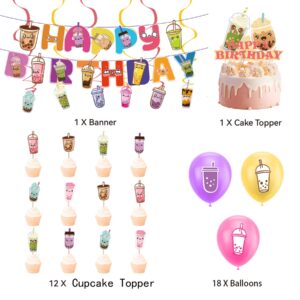 Bubble Tea Party Decorations Boba Tea Birthday Party Supplies Includes Boba Tea Birthday Banner, Spirlas, Cake Topper, Cupcake Toppers, Balloons for Boba Tea Party Decorations Party Favors