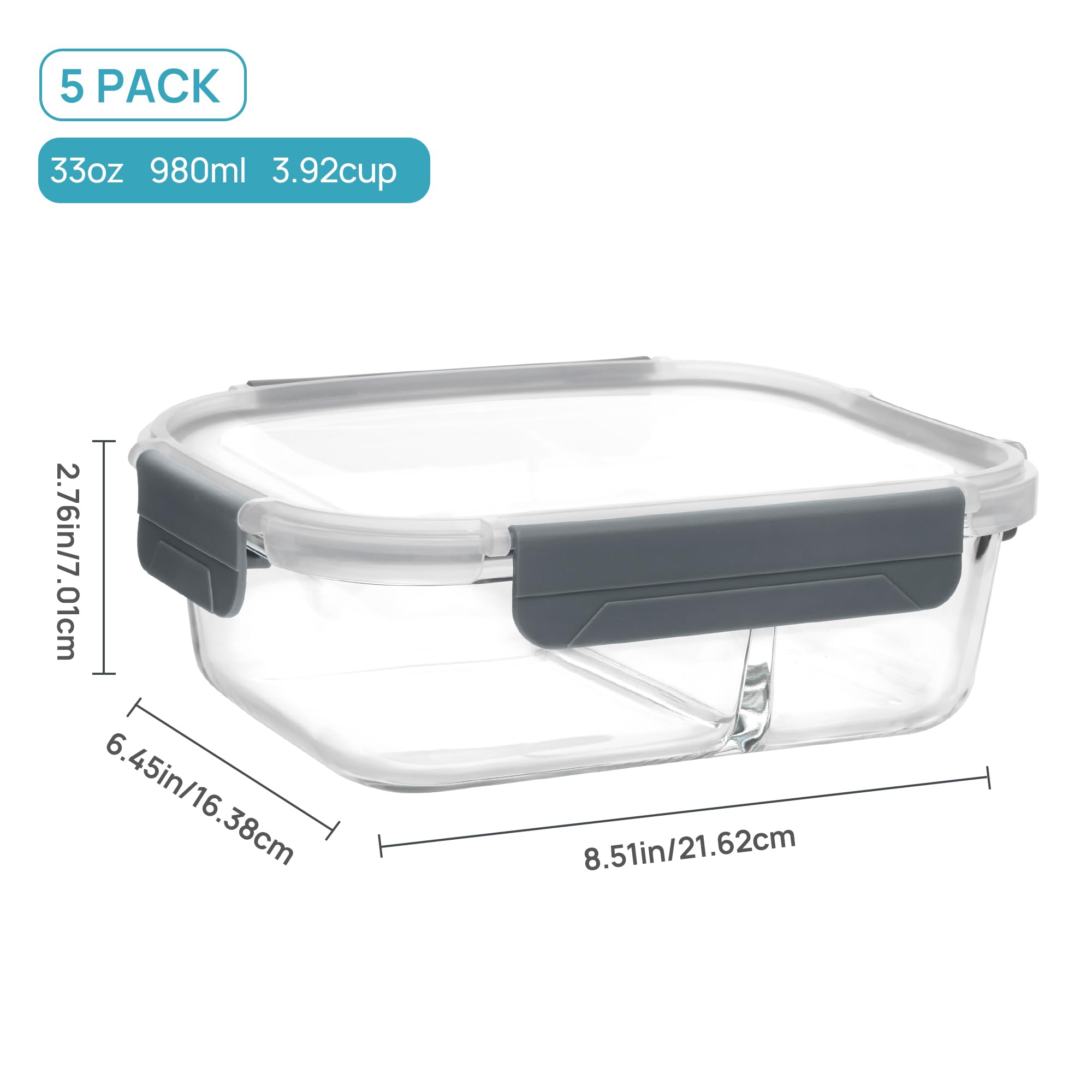 Vtopmart 5Pack 33oz Glass Food Storage Containers with Lids, Meal Prep Containers 2 Compartments, Airtight Lunch Containers Bento Boxes with Snap Locking Lids for Microwave, Oven, Freezer