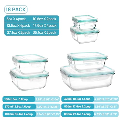 Vtopmart 18Pack Glass Food Storage Containers with Lids, Meal Prep Containers, Airtight Lunch Containers Bento Boxes with Leak Proof Locking Lids for Microwave, Oven, Freezer, Dishwasher