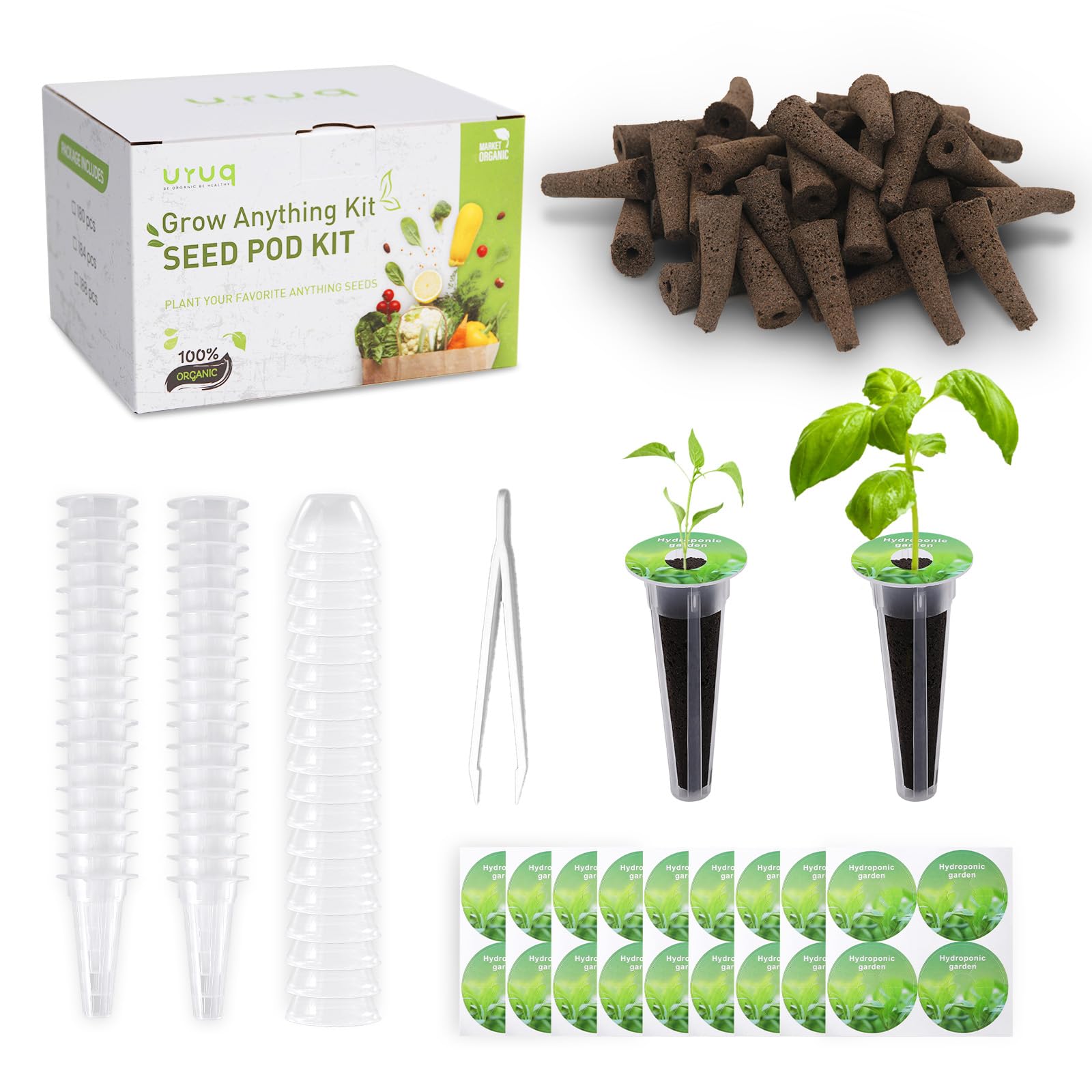 URUQ 140Pcs Hydroponic Pods Supplies: Grow Anything Kit with 35 Grow Sponges, 35 Grow Baskets, 35 Grow Domes, 35 Pod Labels - Compatible with Hydroponics Growing System Indoor Garden from Most Brands