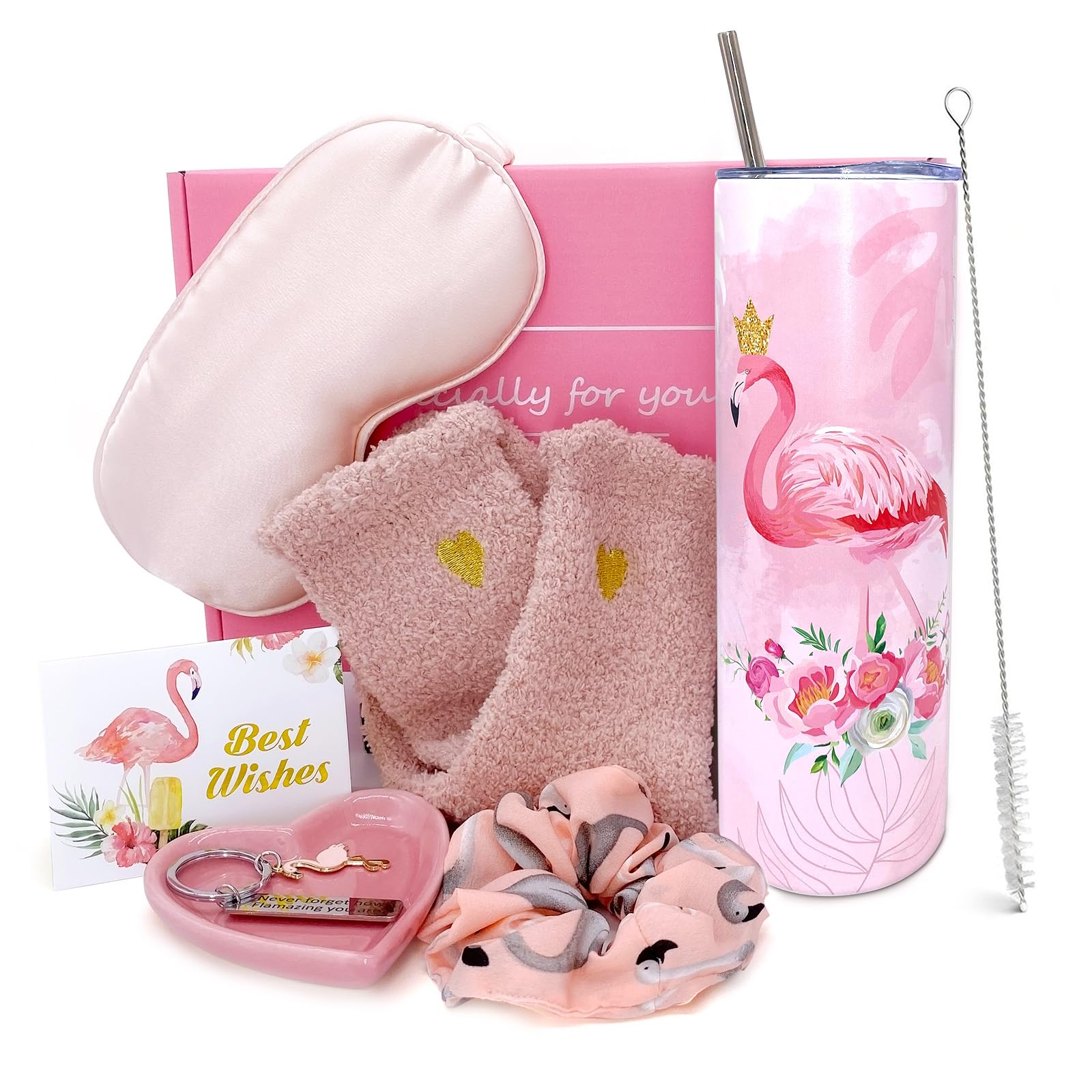 Flamingo Gifts for Women, Flamingo Lover Birthday Gift Box with 20oz Skinny Tumbler, Pink Get Well Soon Self Care Package for Her, Unique Thinking of You Gifts Basket for Mom Best Friend Sister