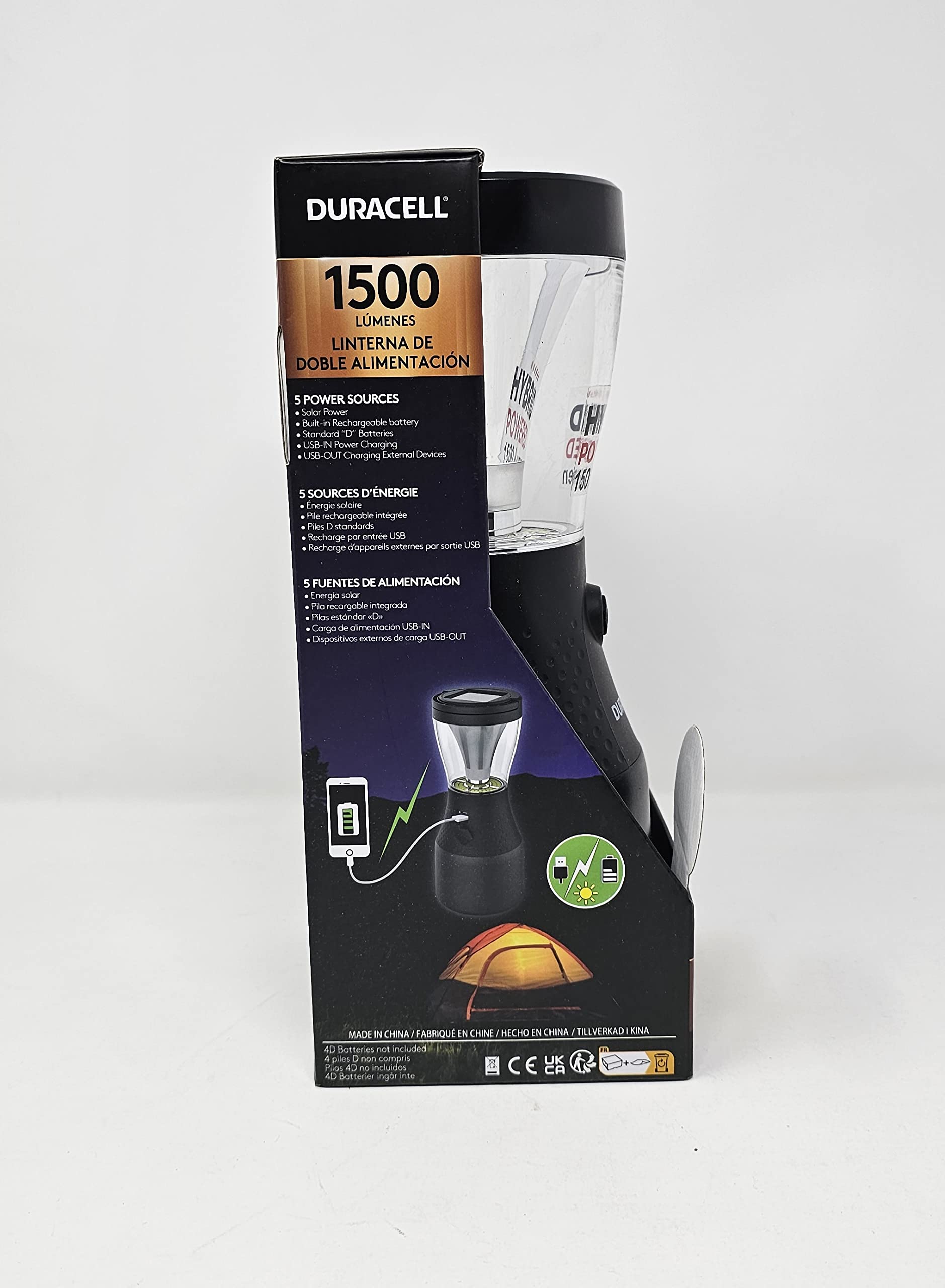 Duracell Dual Power Lantern 1500 Lumens with 5 Power Sources Available for Charging - 1 Lamp, Black