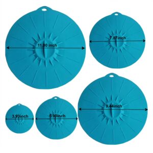 Set of 5 Silicone Lids,Heat Resistant, Microwave Splatter Covers, Reusable Food Suction Lids for Cups, Bowls, Plates, Pots, Pans, Skillets, Stovetops, Ovens, and Refrigerators, L, XL) BPA-Free -Blue