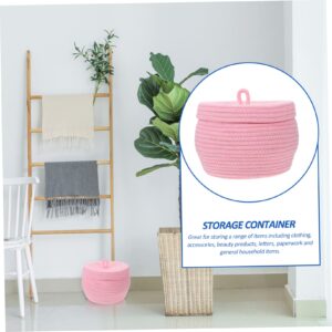 Anneome 1pc Cotton Rope Storage Basket Desktop Decor Clothes Round Basket Rope Basket with Lid Tablescape Decor Woven Storage Container Weave Pink Clothing Japanese-style Baby