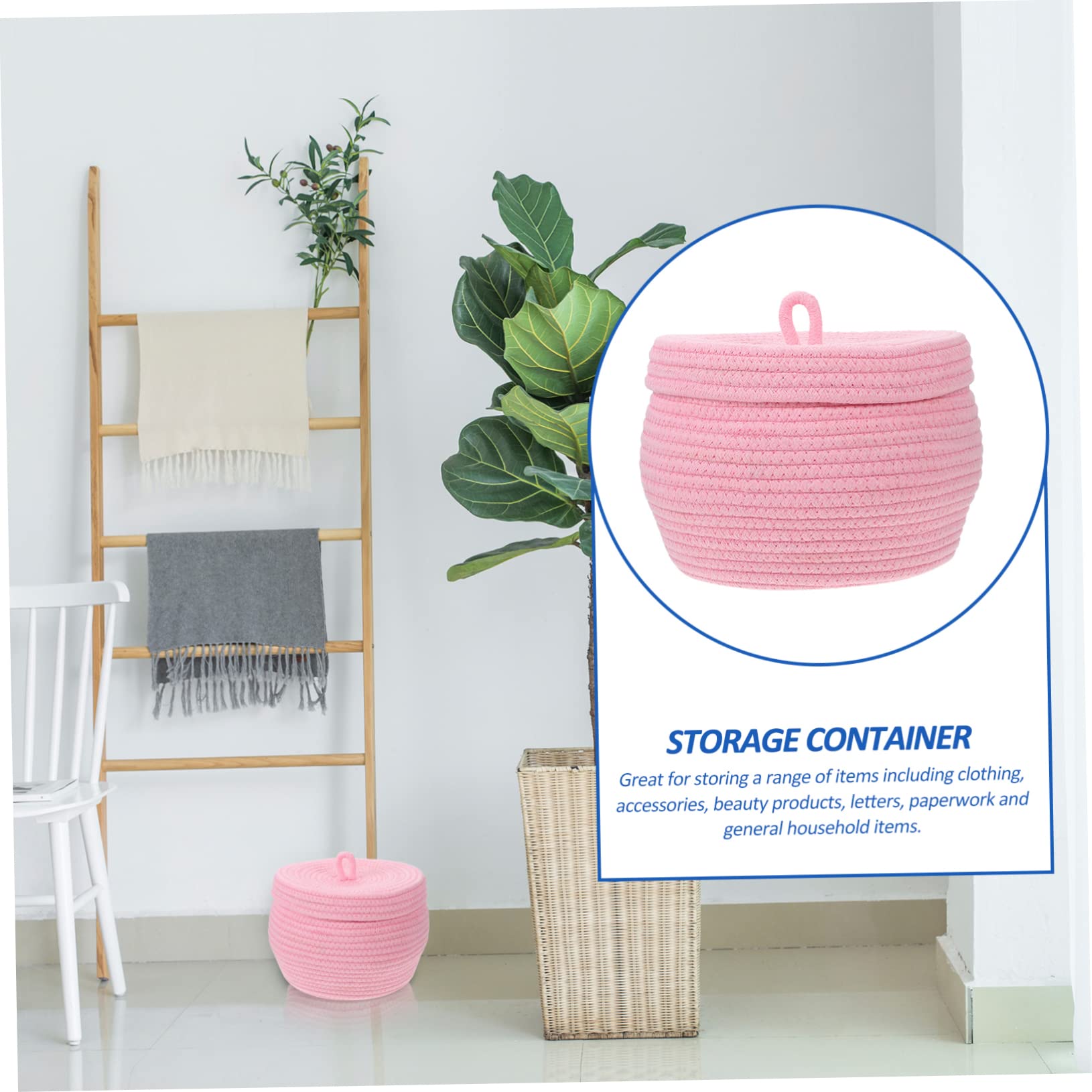 Anneome 1pc Cotton Rope Storage Basket Desktop Decor Clothes Round Basket Rope Basket with Lid Tablescape Decor Woven Storage Container Weave Pink Clothing Japanese-style Baby