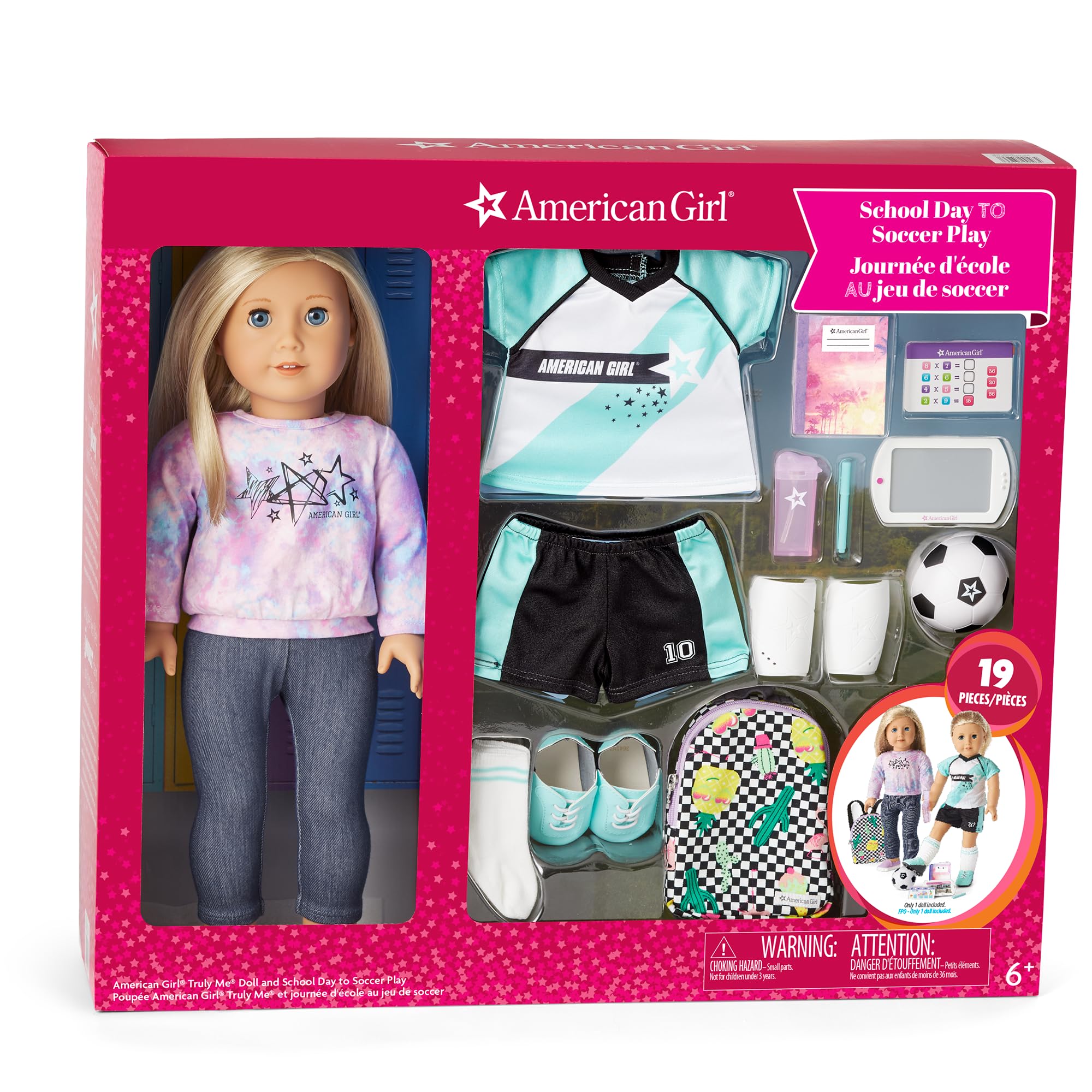 American Girl Truly Me 18-inch Doll 27 & School Day to Soccer Play Playset with Supplies, Uniform, and Ball, For Ages 6+