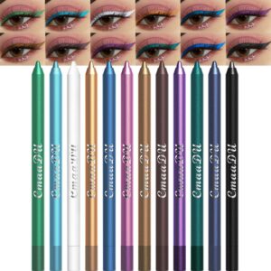 12pcs colored gel glitter eyeliner pencils set dark light emerald green sky royal blue black white pink purple brown gold eyeliner pencils eye liner liquid liner waterproof smudge proof delineadores