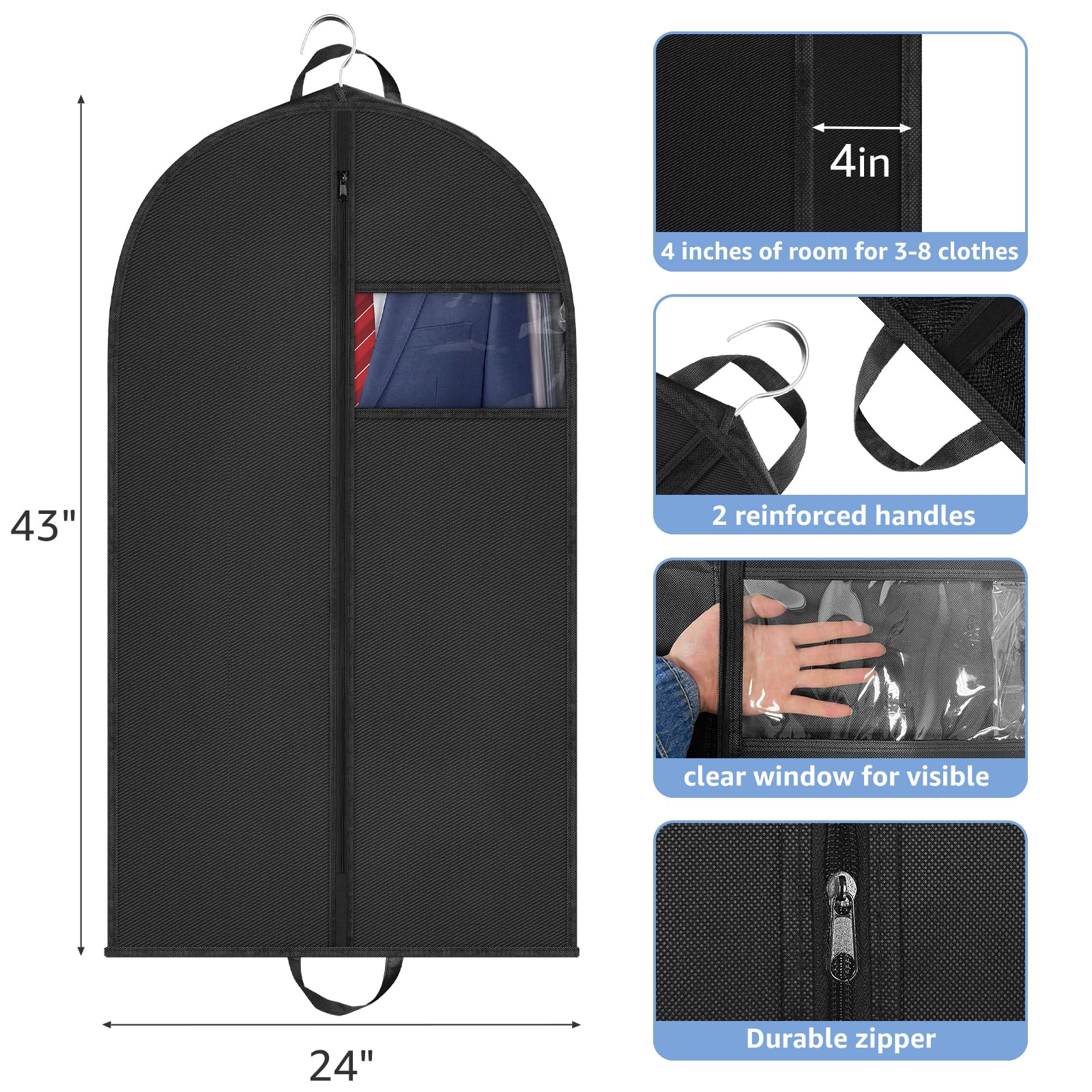 Myee 43" Garment Bags for Closet Storage Hanging Clothes Suit Covers with Clear Window, Moth Proof Wardrobe Bag for Coat Dresses Shirt, Moving Packing, 3 Packs