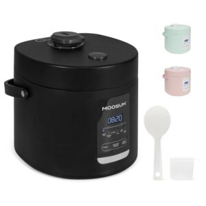 moosum multi mini rice cooker 2-cups uncooked (1.2l), portable small japanese travel rice cooker with non-stick inner pot, slow cooker, easy presets,24 hours timer delay & keep warm function, black