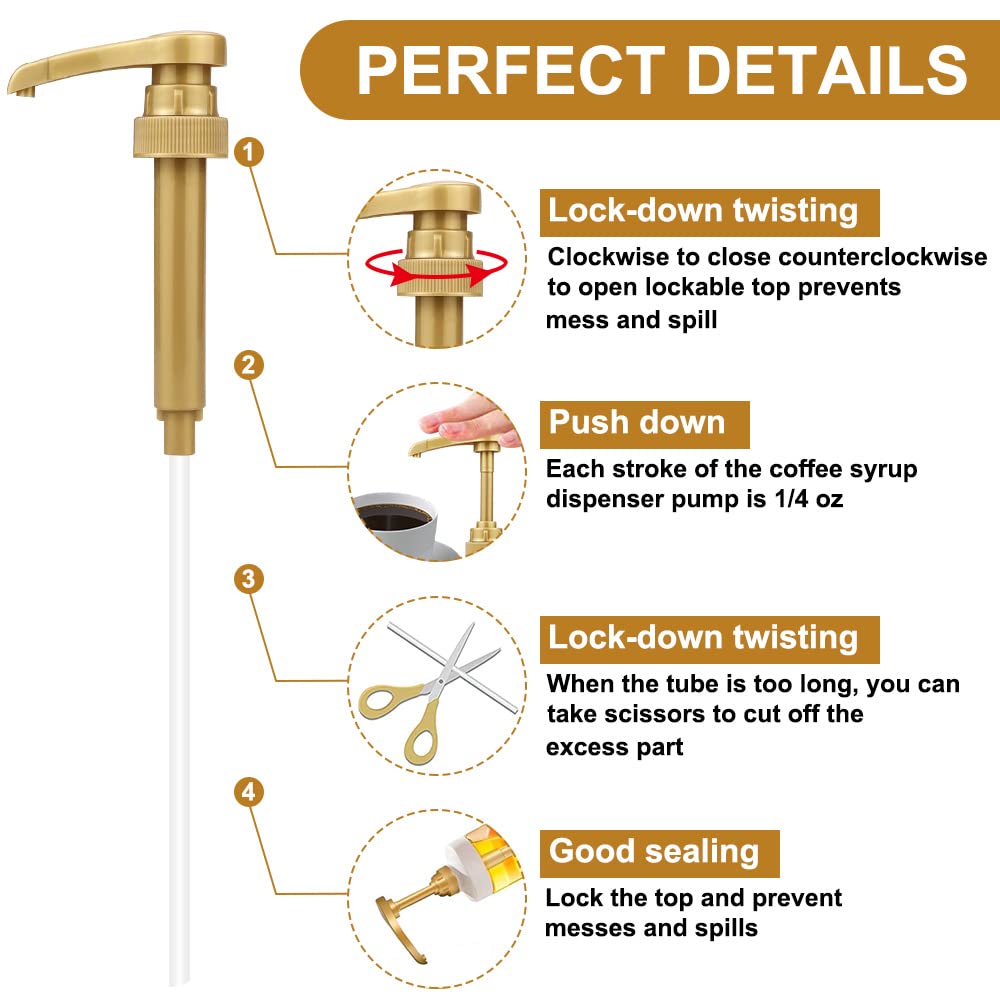 BLOCE Coffee Syrup Pump, 8-Pack Gold Kitchen Coffee Bar Tools, Fits 25.4 oz 750 mL Syrup Bottles, Compatible with Torani, DaVinci, Jordans Skinny Syrups