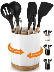 loejan 3 compartment utensil holder, 7.2" extra large utensil crock, stable ceramic utensil organizer, cooking tool organizer set for kitchen counter farmhouse decor