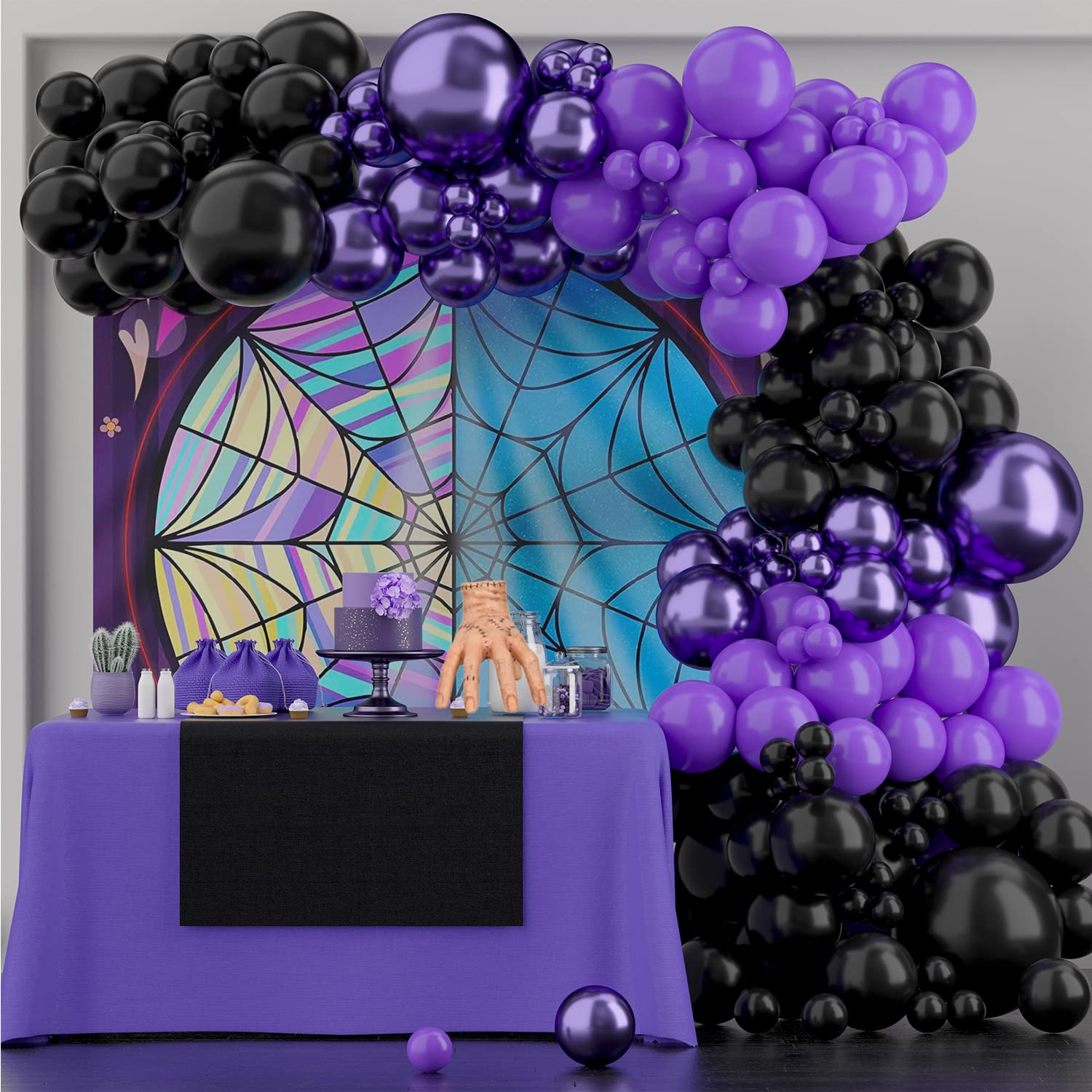 133pcs Wednesday Balloon Garland Arch Kit Black and Chrome Purple Balloons for Wednesday Themed Party Supplies Birthday Party Decoration (no backdrop)