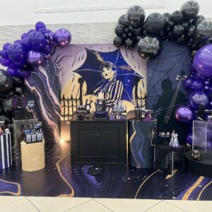 133pcs Wednesday Balloon Garland Arch Kit Black and Chrome Purple Balloons for Wednesday Themed Party Supplies Birthday Party Decoration (no backdrop)