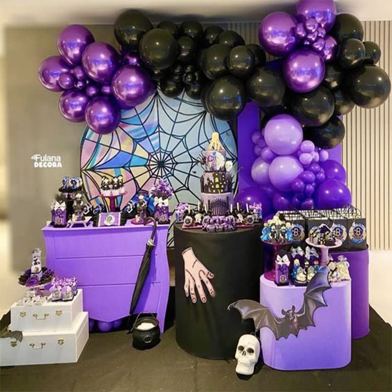 133pcs Wednesday Balloon Garland Arch Kit Black and Chrome Purple Balloons for Wednesday Themed Party Supplies Birthday Party Decoration (no backdrop)