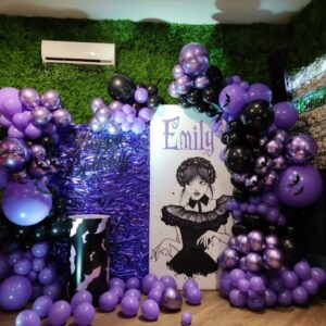 133pcs Wednesday Balloon Garland Arch Kit Black and Chrome Purple Balloons for Wednesday Themed Party Supplies Birthday Party Decoration (no backdrop)