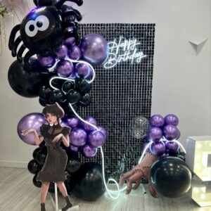 133pcs Wednesday Balloon Garland Arch Kit Black and Chrome Purple Balloons for Wednesday Themed Party Supplies Birthday Party Decoration (no backdrop)