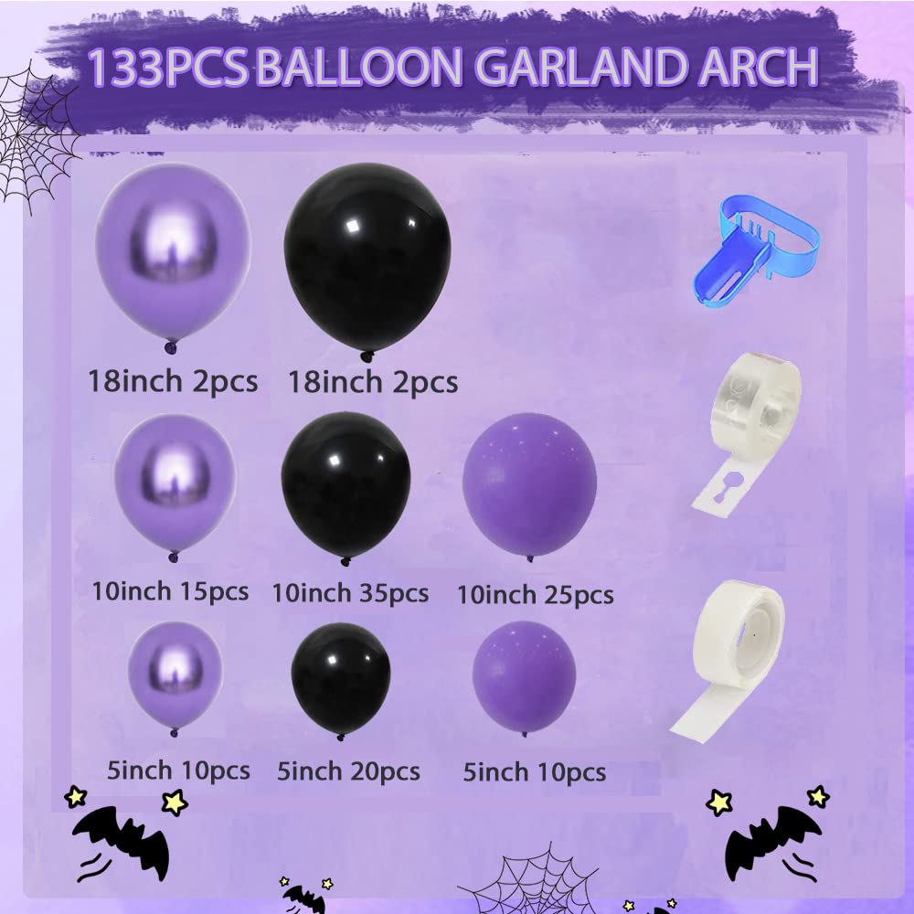 133pcs Wednesday Balloon Garland Arch Kit Black and Chrome Purple Balloons for Wednesday Themed Party Supplies Birthday Party Decoration (no backdrop)