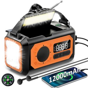 turjgksg 12000mah emergency weather radio, hand crank radio, portable am/fm/noaa radio with 2 solar panels, multi-function solar radio with flashlight reading lamp sos, compass, power bank(orange)