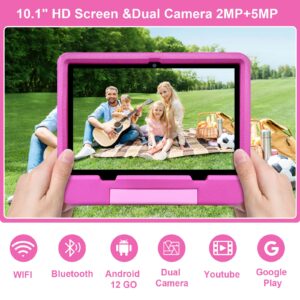 OUZRS Kids Tablet Android 12 Kid Tablet 64GB Strong128GB Extensions 4GB RAM 5G Dual WiFi+GSM Certification with Protective Case Ideal for 10 Inch Tablet Child's Learning and Entertainment (Pink)