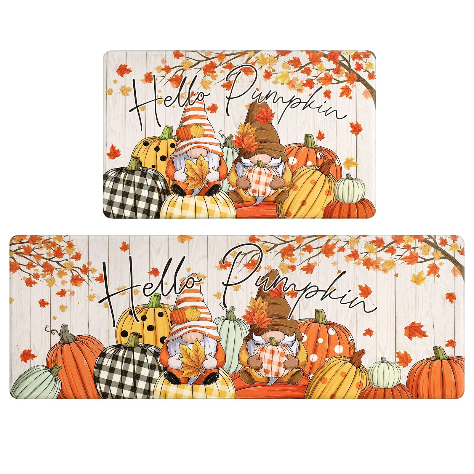 U'Artlines Fall Anti Fatigue Kitchen Rug and Mat 2PCS, Hello Pumpkin Gnome Non Slip Foam Cushioned Farmhouse Kitchen Floor Mats Comfort Standing Mats for Home Decor