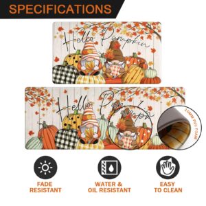 U'Artlines Fall Anti Fatigue Kitchen Rug and Mat 2PCS, Hello Pumpkin Gnome Non Slip Foam Cushioned Farmhouse Kitchen Floor Mats Comfort Standing Mats for Home Decor