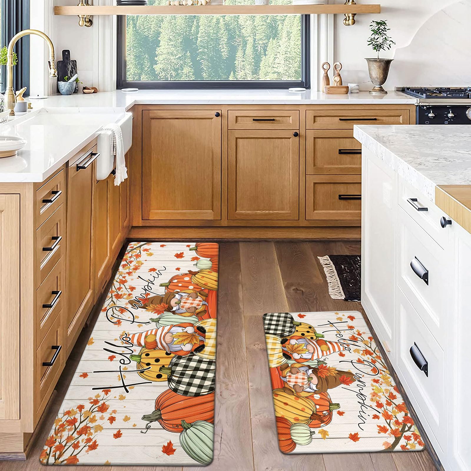 U'Artlines Fall Anti Fatigue Kitchen Rug and Mat 2PCS, Hello Pumpkin Gnome Non Slip Foam Cushioned Farmhouse Kitchen Floor Mats Comfort Standing Mats for Home Decor