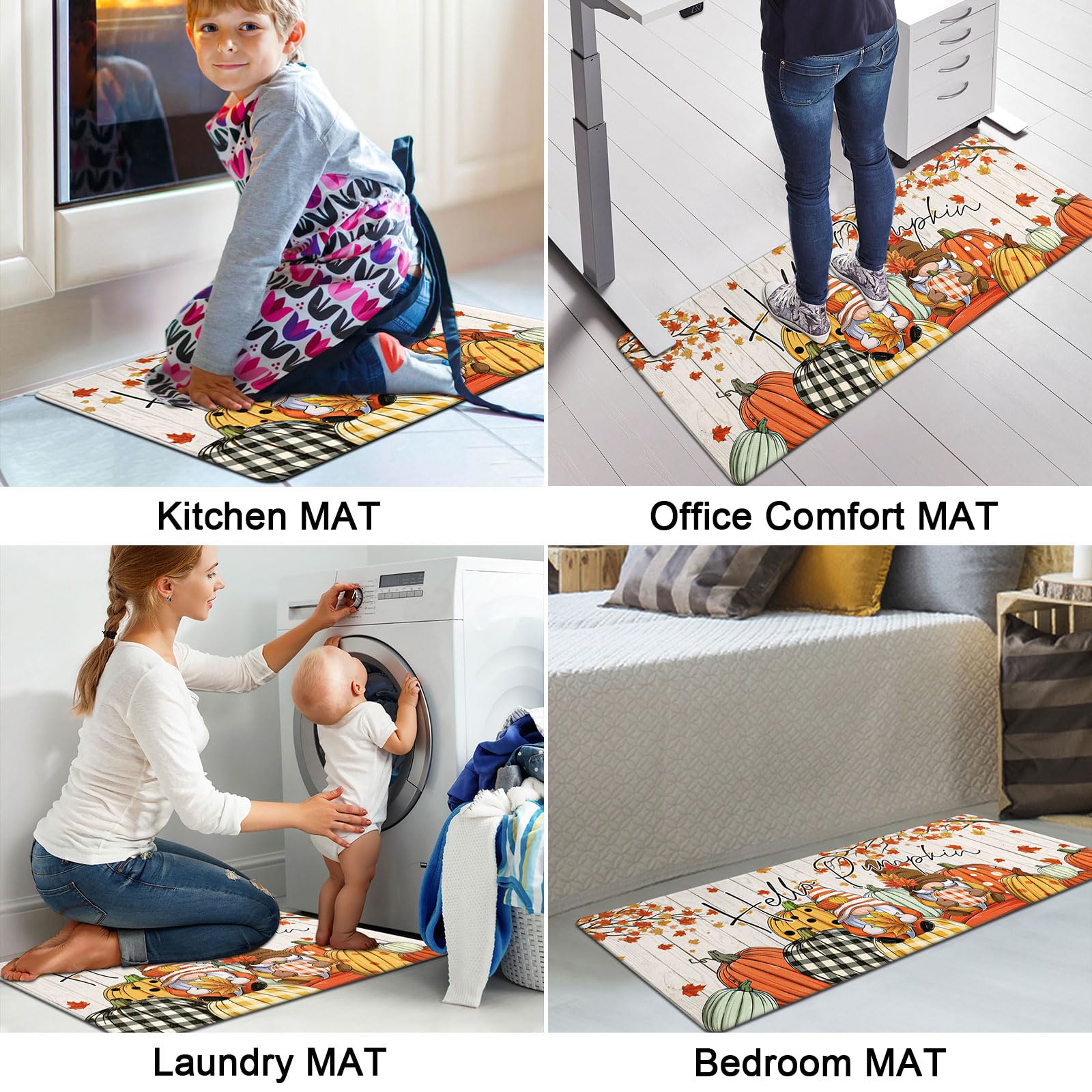 U'Artlines Fall Anti Fatigue Kitchen Rug and Mat 2PCS, Hello Pumpkin Gnome Non Slip Foam Cushioned Farmhouse Kitchen Floor Mats Comfort Standing Mats for Home Decor