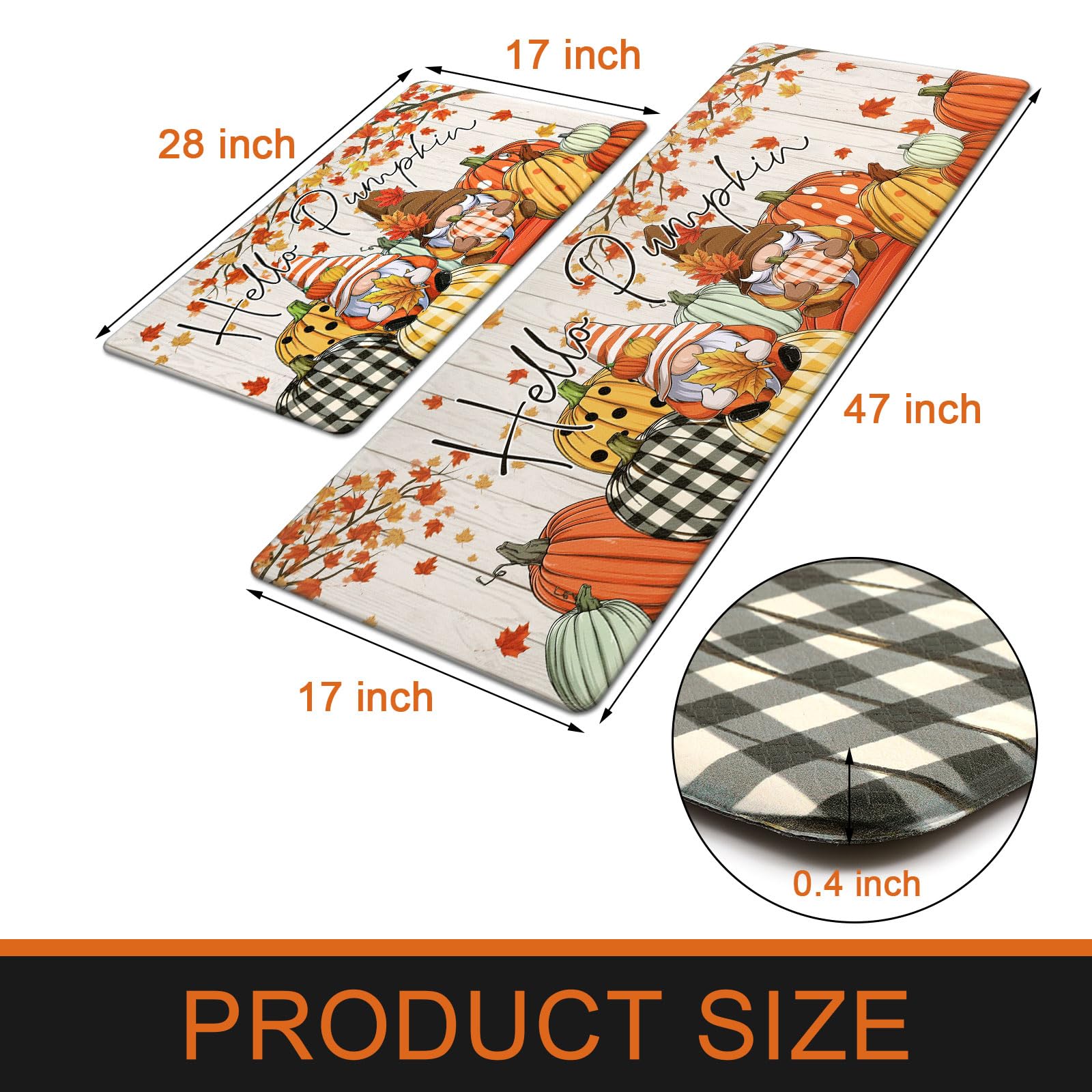 U'Artlines Fall Anti Fatigue Kitchen Rug and Mat 2PCS, Hello Pumpkin Gnome Non Slip Foam Cushioned Farmhouse Kitchen Floor Mats Comfort Standing Mats for Home Decor