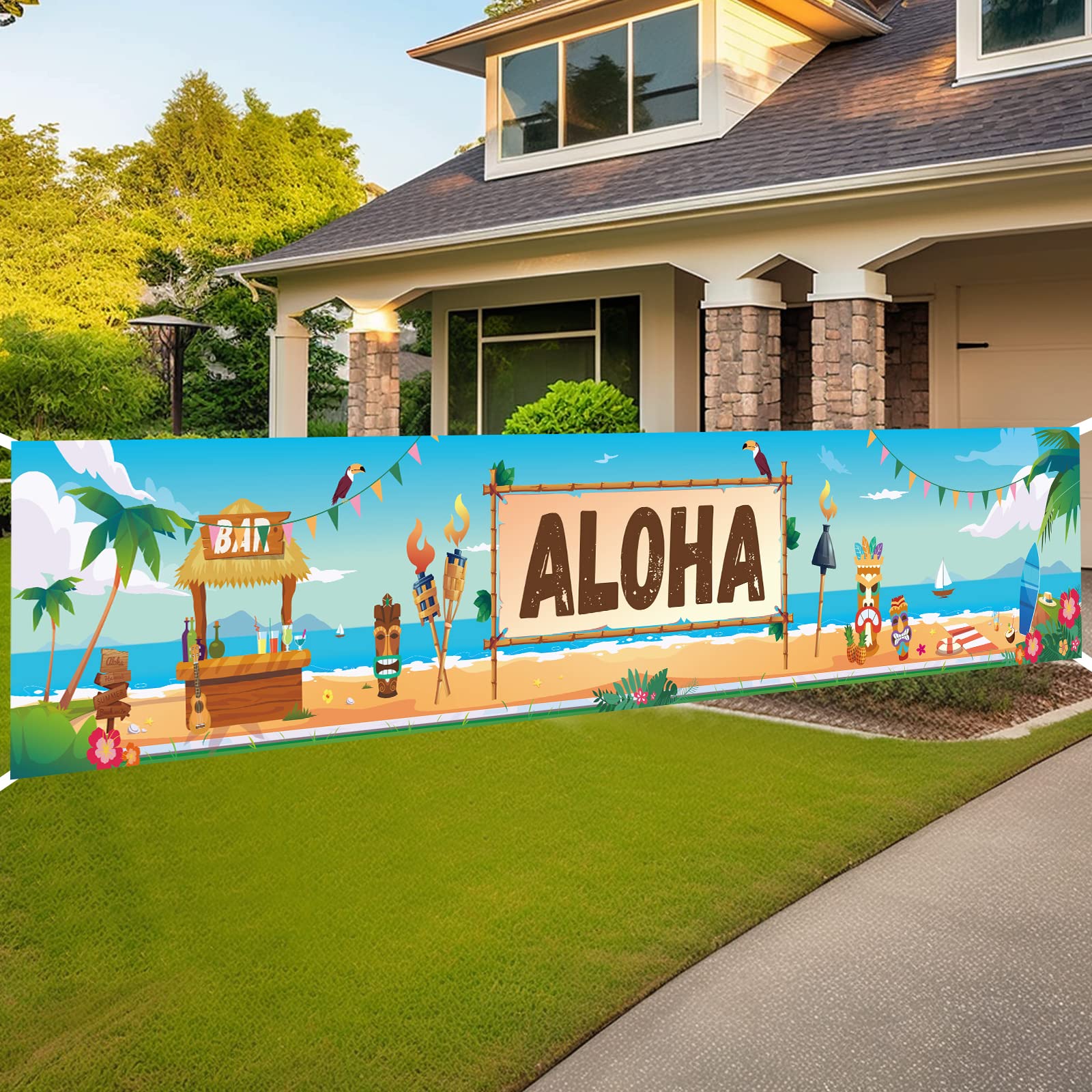 ANATANOWOR Hawaiian Luau Party Decoration, Hawaiian Summer Beach Theme Party Decorations Supplies, Large Aloha Tiki Party Banner (118" X 20")